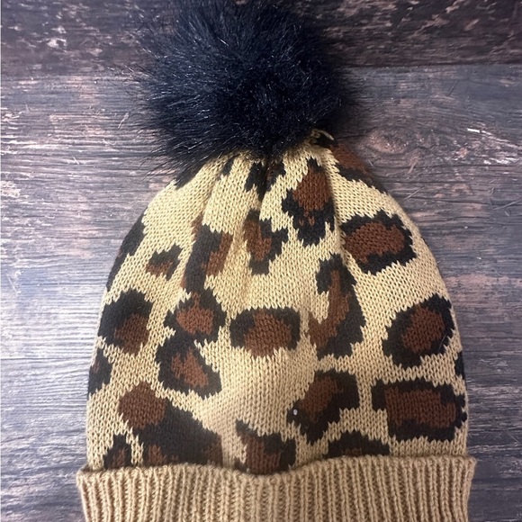 None | Accessories | Brown And Black Leopard Print Knit Hat With Pom ...